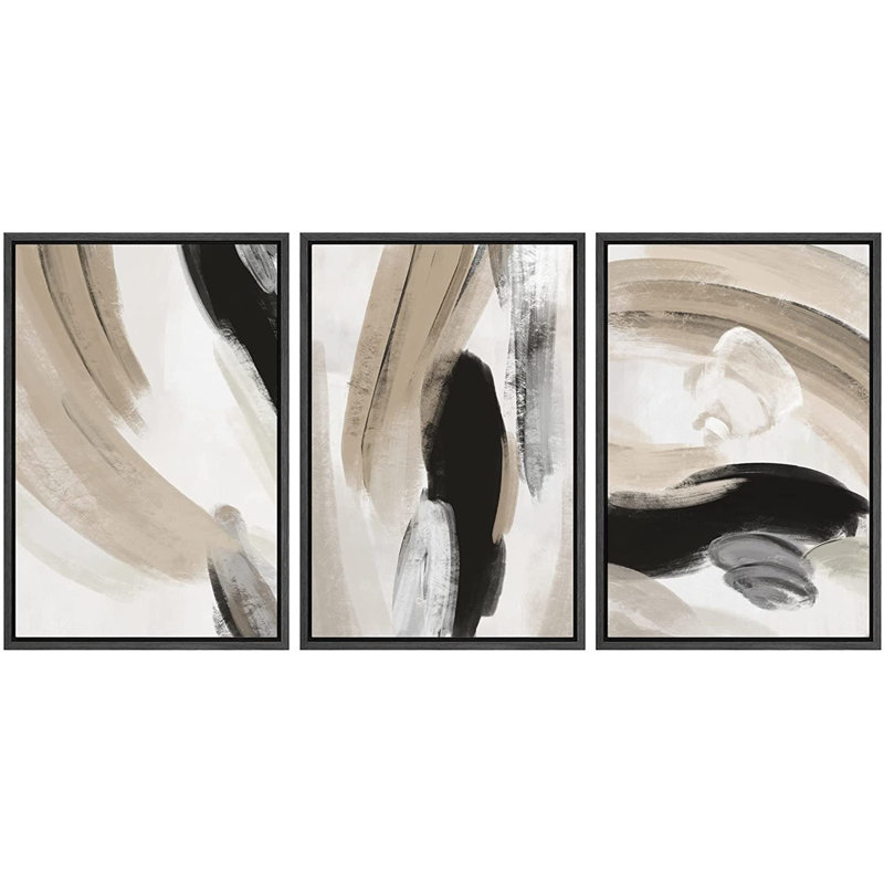 SIGNLEADER Framed Canvas Print Wall Art Set Duotone Black Tan Paint Strokes Abstract Shapes ...